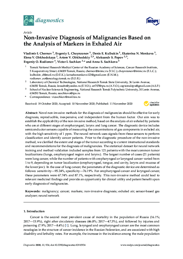 (PDF) Non-Invasive Diagnosis of Malignancies Based on the Analysis of ...