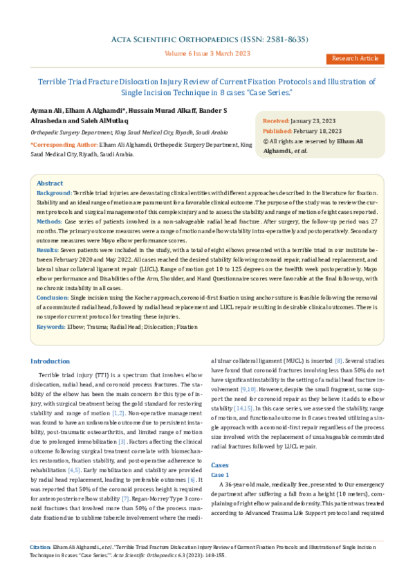 (PDF) Terrible Triad Fracture Dislocation Injury Review of Current ...