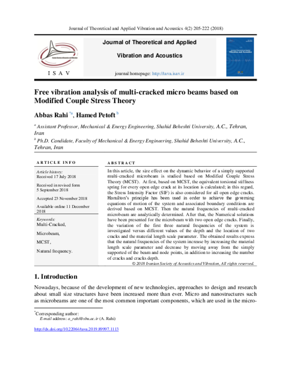 (PDF) Free vibration analysis of multi-cracked micro beams based on Modified Couple Stress Theory