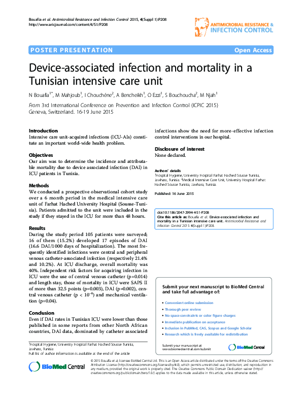 (PDF) Device-associated infection and mortality in a Tunisian intensive ...