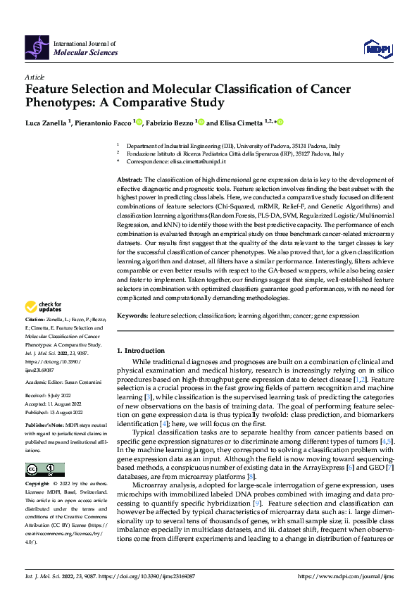 Feature Selection and Molecular Classification of Cancer Phenotypes: A Comparative Study