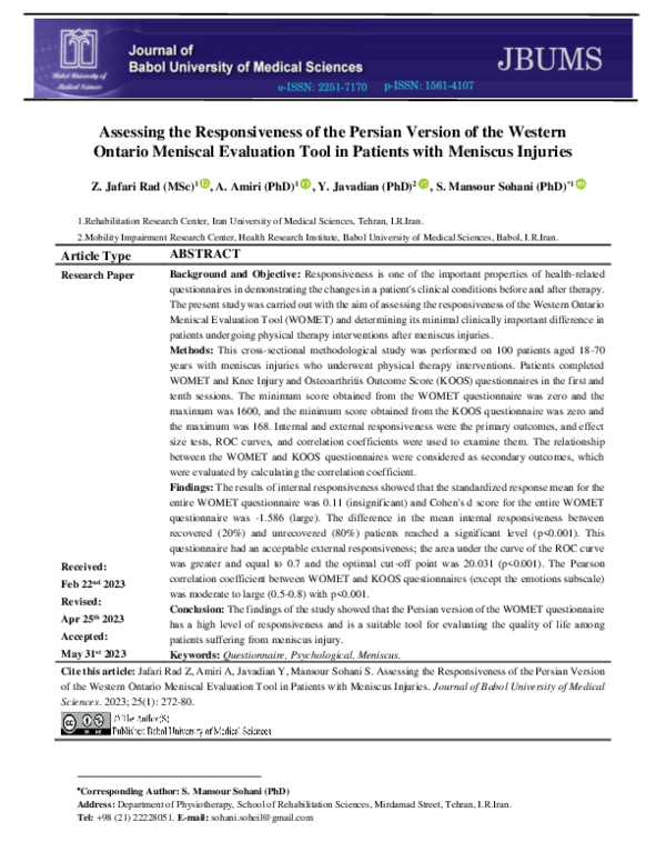 (PDF) Assessing the Responsiveness of the Persian Version of the ...