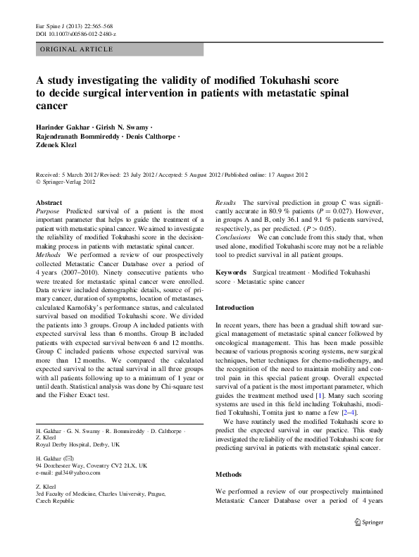 (PDF) A study investigating the validity of modified Tokuhashi score to ...