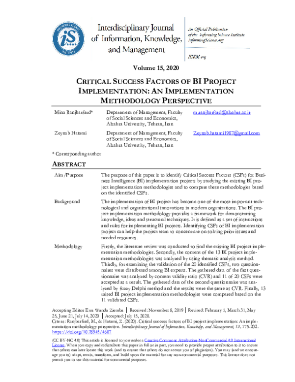 (PDF) Critical Success Factors of BI Project Implementation: An Implementation Methodology ...