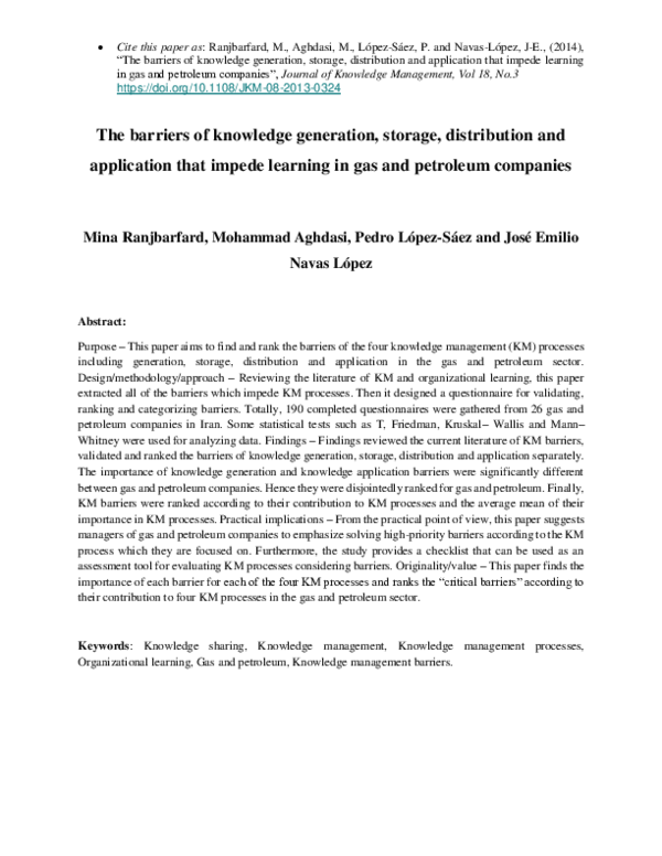 (PDF) The barriers of knowledge generation, storage, distribution and ...
