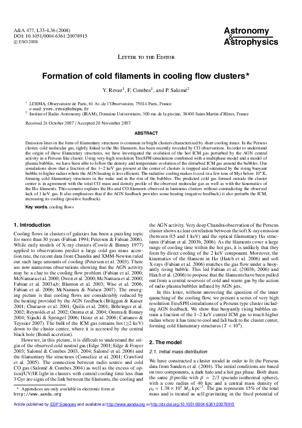 (PDF) Formation of cold filaments in cooling flow clusters