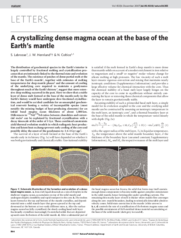 (PDF) A crystallizing dense magma ocean at the base of the Earth’s mantle