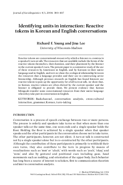 (PDF) Identifying units in interaction: Reactive tokens in Korean and ...