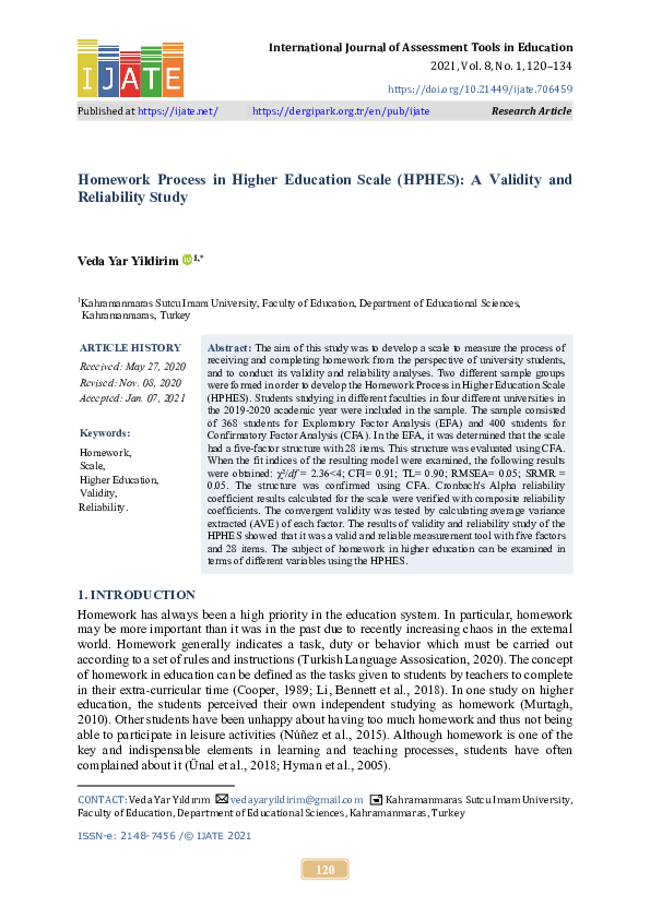 (PDF) Homework Process in Higher Education Scale (HPHES): A Validity and Reliability Study