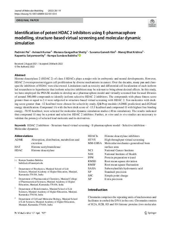 (PDF) Selective HDAC 2 Inhibitors via E-Pharmacophore and Virtual Screening