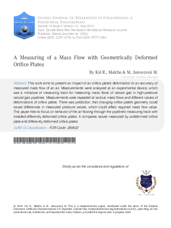 (PDF) A Measuring of a Mass Flow with Geometrically Deformed Orifice Plates