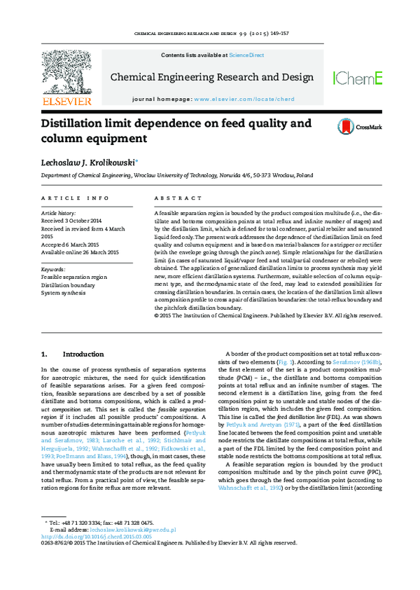 (PDF) Distillation limit dependence on feed quality and column equipment
