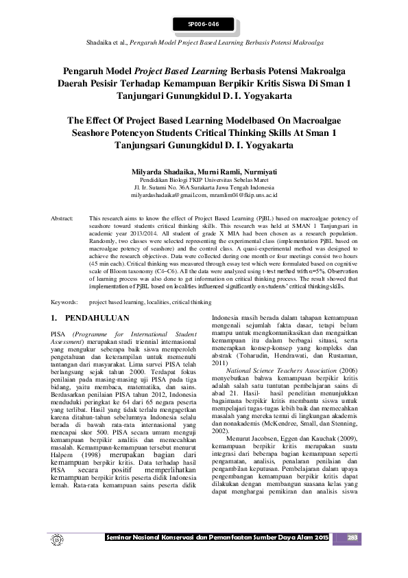 (PDF) Pengaruh Model Project Based Learning Berbasis Potensi Makroalga Daerah Pesisir Terhadap ...