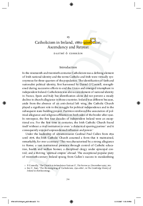 (PDF) Catholicism in Ireland, 1880–2015: Rise, Ascendancy and Retreat