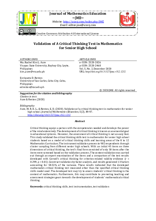 (PDF) Validation of a critical thinking test in mathematics for senior ...