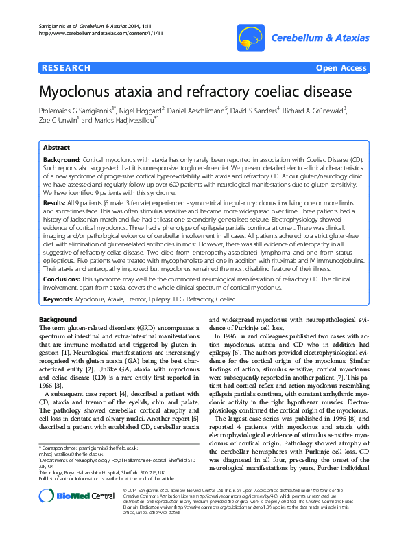 (PDF) Myoclonus ataxia and refractory coeliac disease