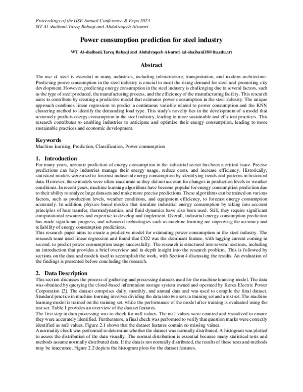 (PDF) Power consumption prediction for steel industry