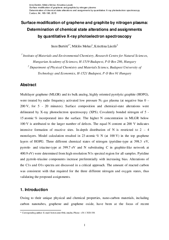 Pdf Surface Modification Of Graphene And Graphite By Nitrogen Plasma Determination Of