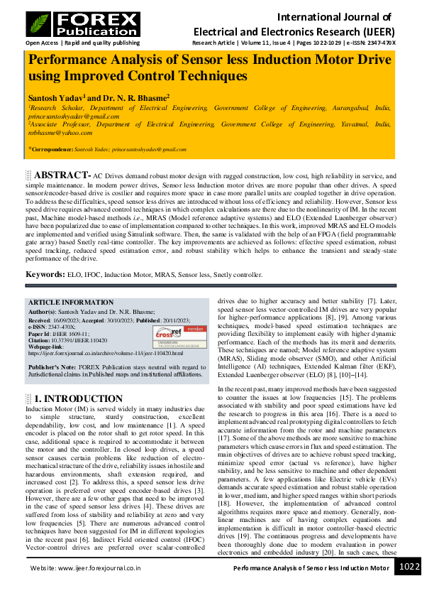 Pdf Performance Analysis Of Sensor Less Induction Motor Drive Using Improved Control Techniques