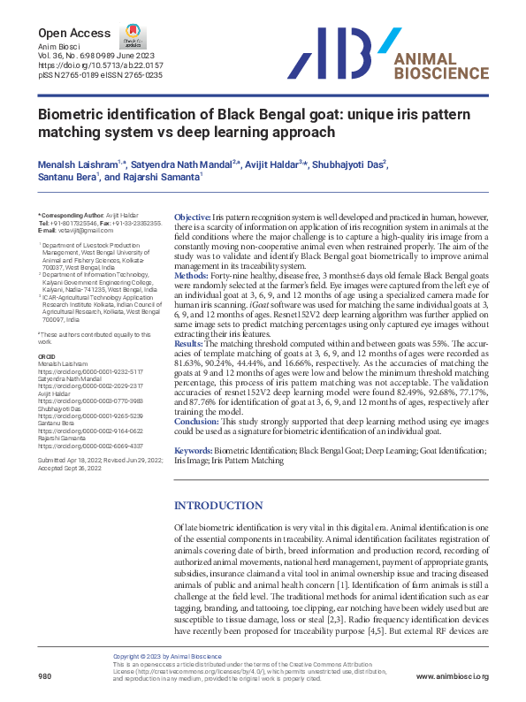 (PDF) Biometric identification of Black Bengal goat: Unique iris pattern matching system vs ...