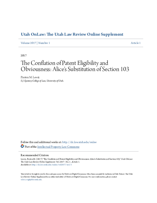 (PDF) The Conflation of Patent Eligibility and Obviousness: Alice's ...