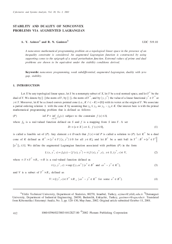 (PDF) Stability and Duality of Nonconvex Problems via Augmented Lagrangian