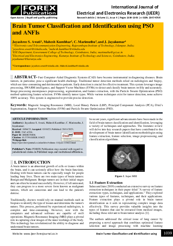 (PDF) Brain Tumor Classification and Identification using PSO and ANFIs (PDF) Brain Tumor Classification and Identification using PSO and ANFIs