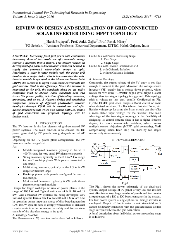 (PDF) Review on Design and Simulation of Grid Connected Solar Inverter Using MPPT Topology