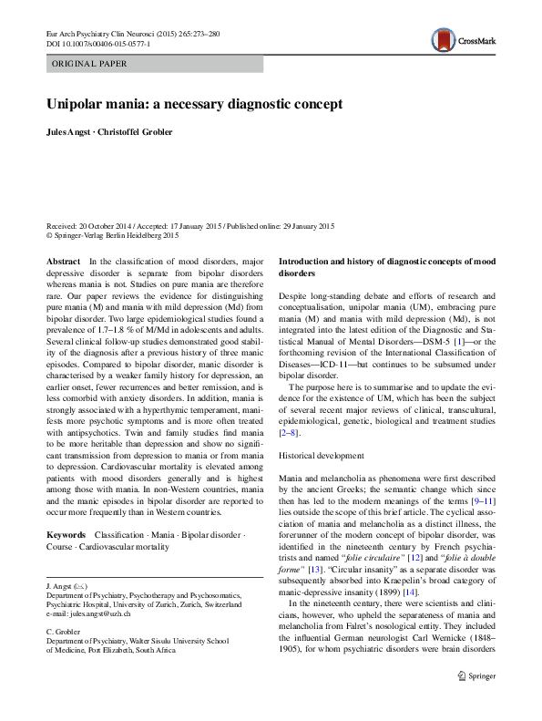 (PDF) Unipolar mania: a necessary diagnostic concept