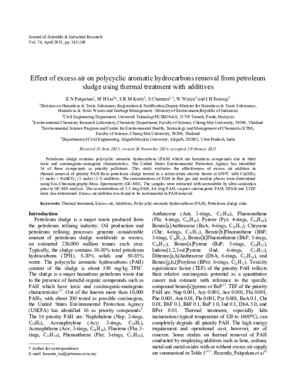 (PDF) Polycyclic aromatic hydrocarbon removal from petroleum sludge cake using thermal treatment ...