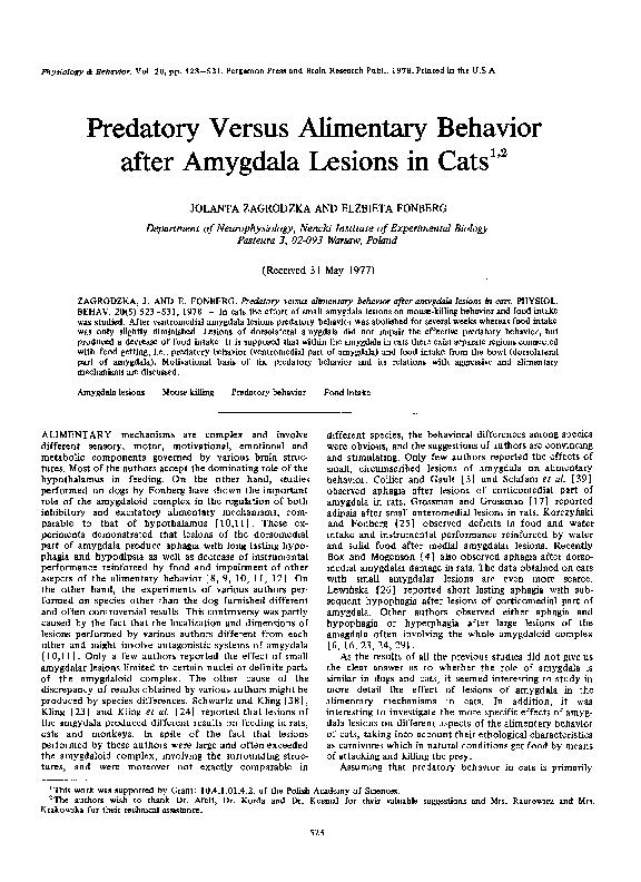 (PDF) Predatory versus alimentary behavior after amygdala lesions in cats