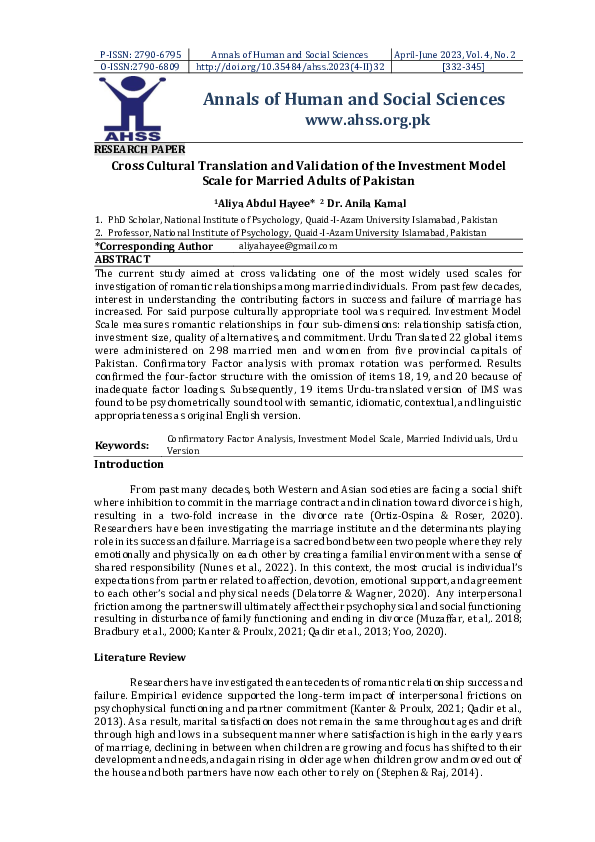 (PDF) Cross Cultural Translation and Validation of the Investment Model ...