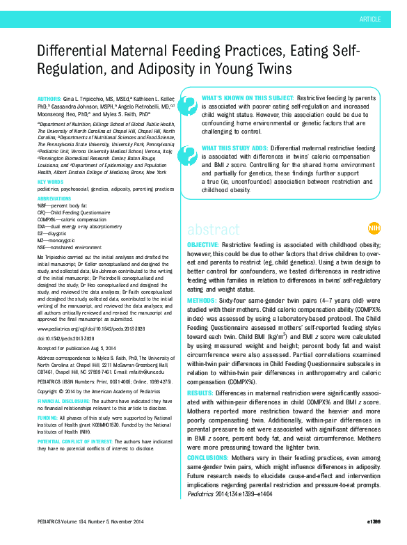 (PDF) Differential Maternal Feeding Practices, Eating Self-Regulation, and Adiposity in Young Twins