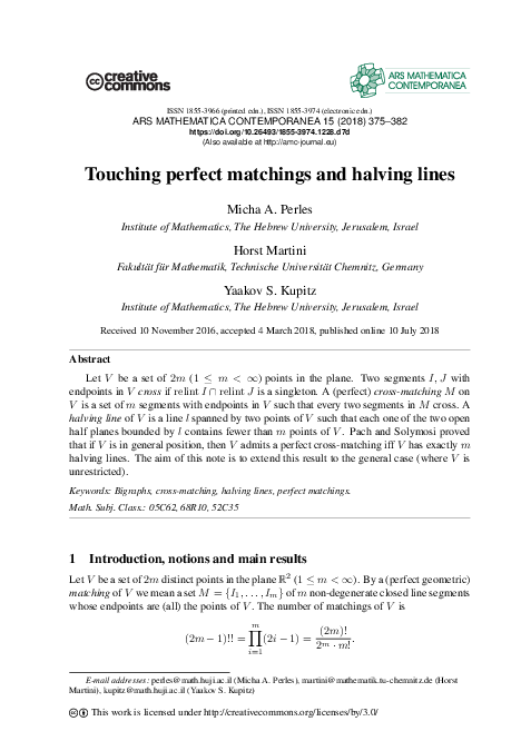 (PDF) Touching perfect matchings and halving lines
