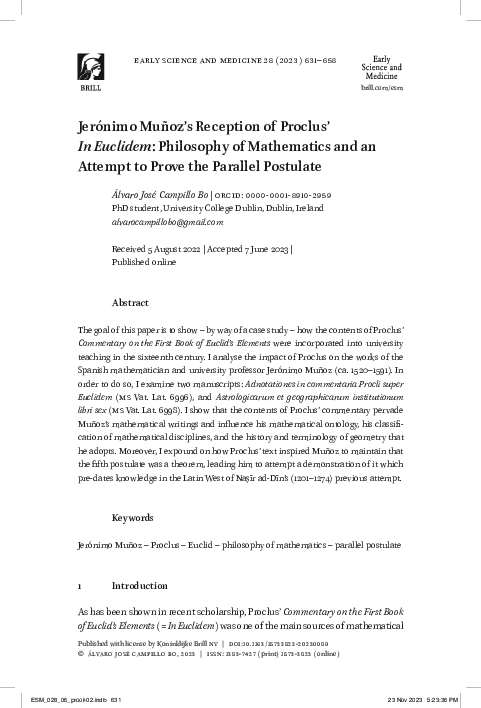 (PDF) Jerónimo Muñoz's Reception of Proclus' In Euclidem: Philosophy of ...
