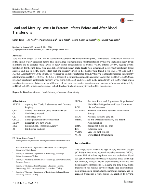 (PDF) Lead and Mercury Levels in Preterm Infants Before and After Blood ...