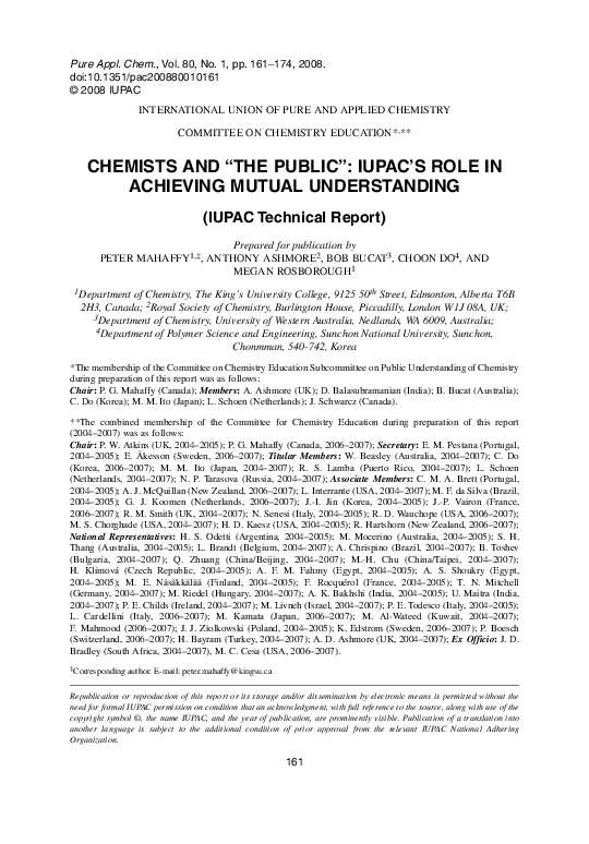 (PDF) Chemists and "the public": IUPAC's role in achieving mutual understanding (IUPAC Technical ...