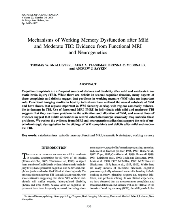 (PDF) Mechanisms of Working Memory Dysfunction after Mild and Moderate TBI: Evidence from ...