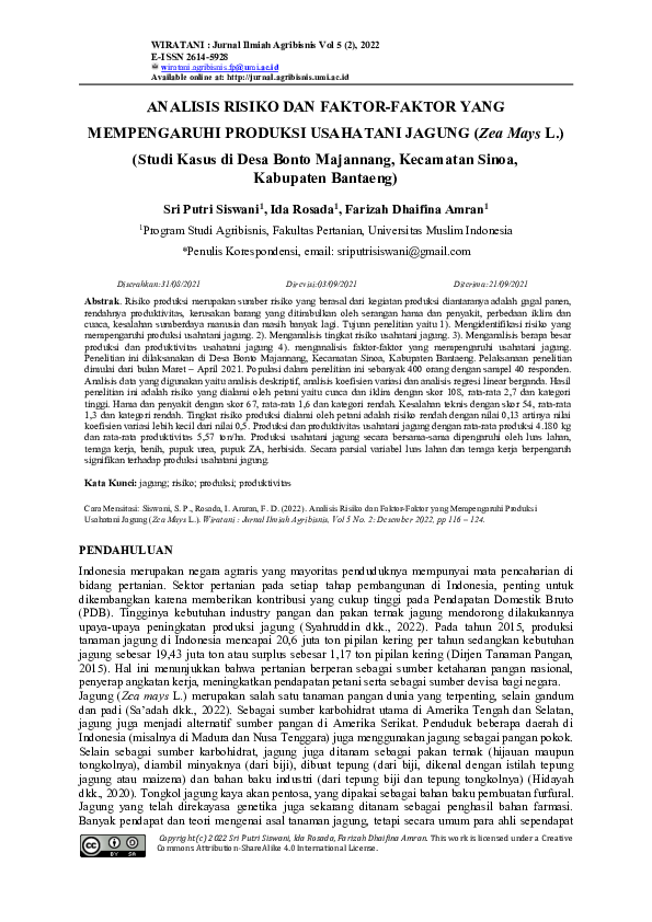 ANALISIS RISIKO DAN FAKTOR-FAKTOR YANG MEMPENGARUHI PRODUKSI USAHATANI JAGUNG (Zea Mays L.)