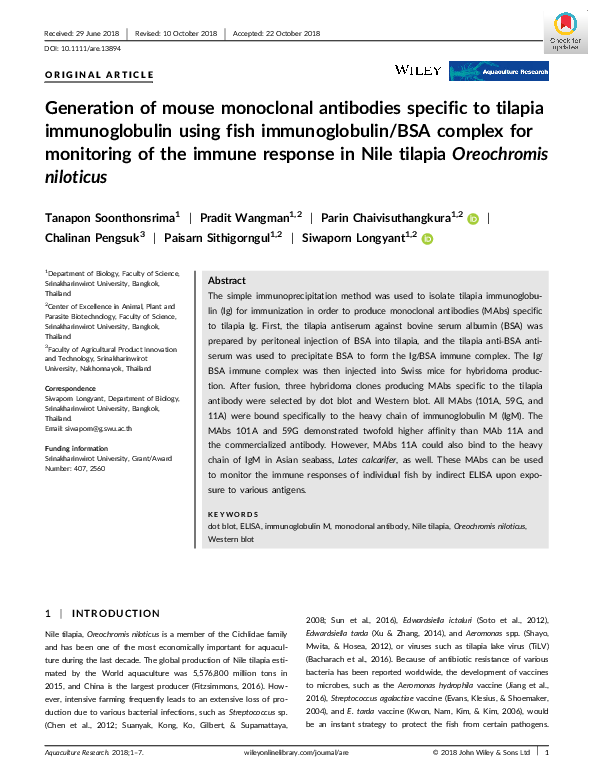 (PDF) Generation of mouse monoclonal antibodies specific to tilapia ...
