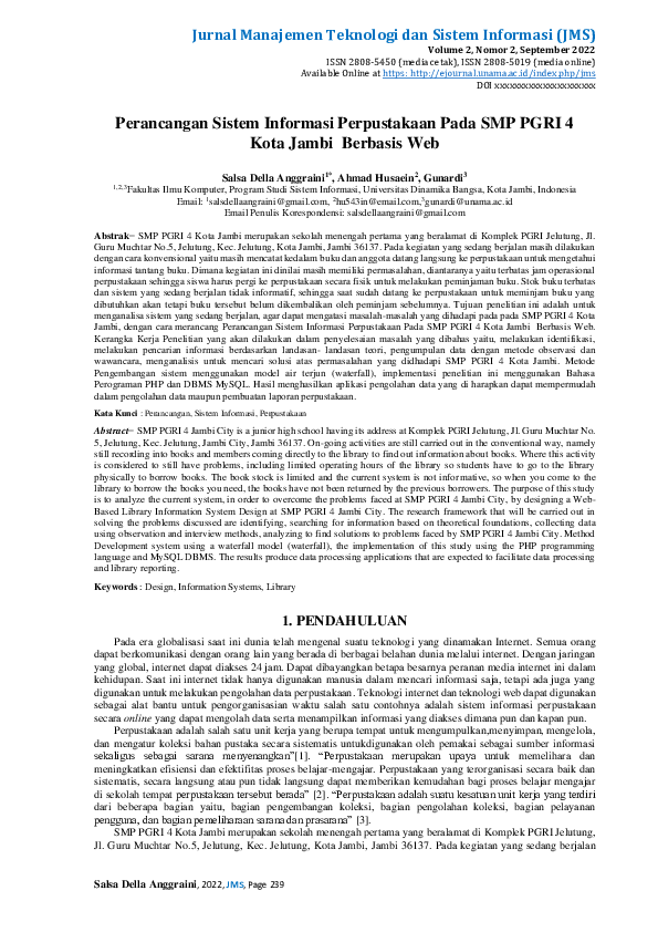 (PDF) Perancangan Sistem Informasi Perpustakaan Pada SMP PGRI 4 Kota Jambi Berbasis Web