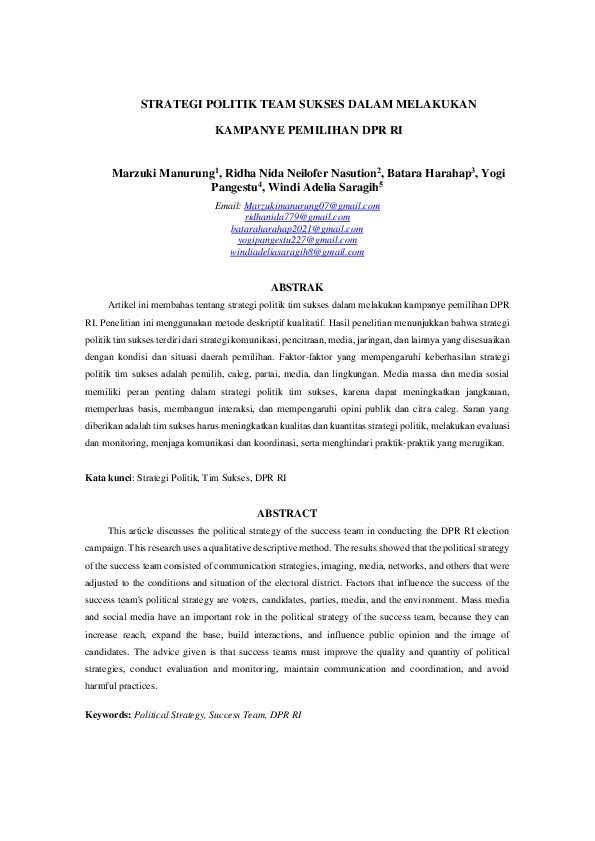 (PDF) STRATEGI POLITIK TEAM SUKSES DALAM MELAKUKAN KAMPANYE PEMILIHAN DPR RI