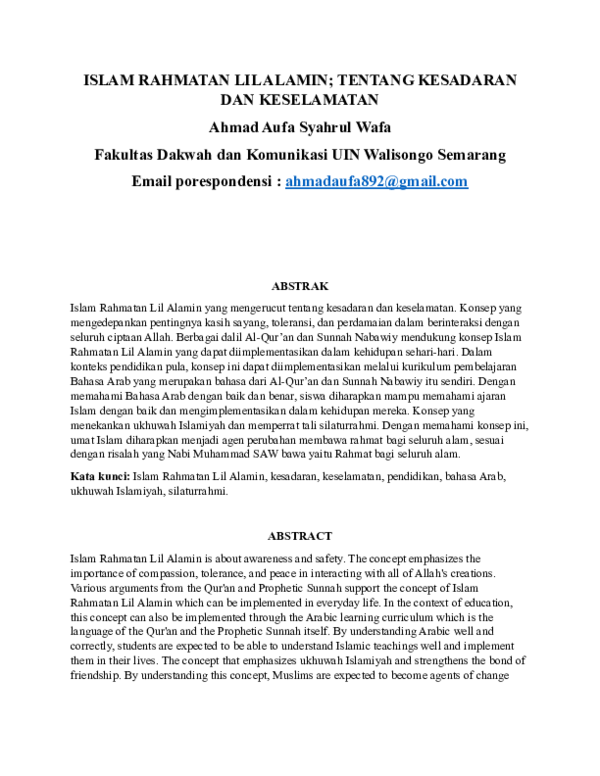 (DOC) ISLAM RAHMATAN LIL ALAMIN; TENTANG KESADARAN DAN KESELAMATAN