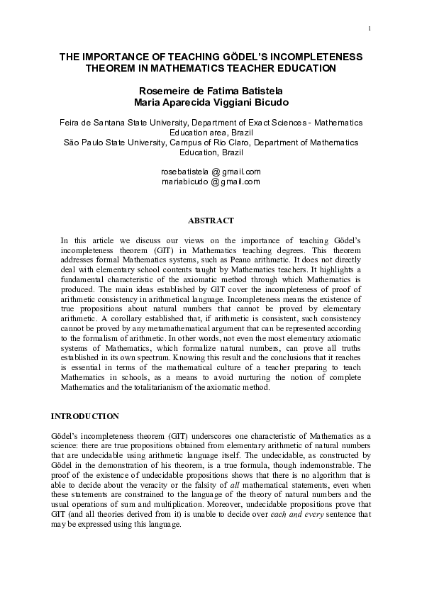 (PDF) The Importance of Teaching Gödel’s Incompleteness Theorem in ...