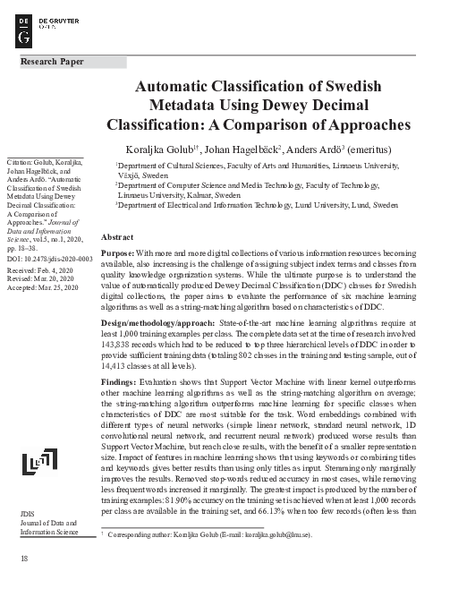 (PDF) Automatic Classification of Swedish Metadata Using Dewey Decimal Classification: A ...