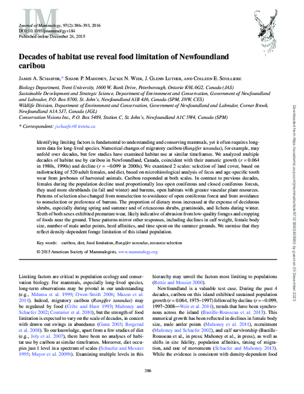 (PDF) Decades of habitat use reveal food limitation of Newfoundland caribou