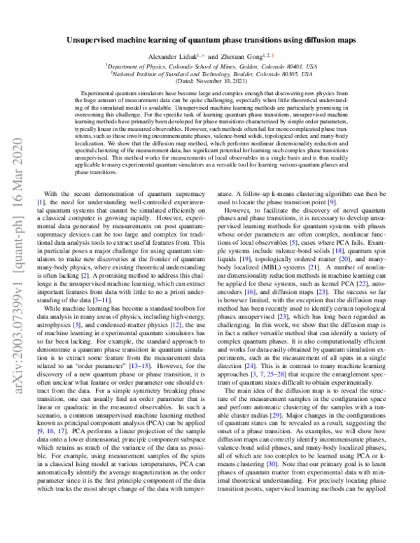 (PDF) Unsupervised machine learning of quantum phase transitions using diffusion maps
