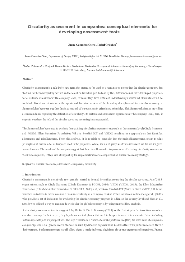 (PDF) Circularity assessment in companies: conceptual elements for developing assessment tools