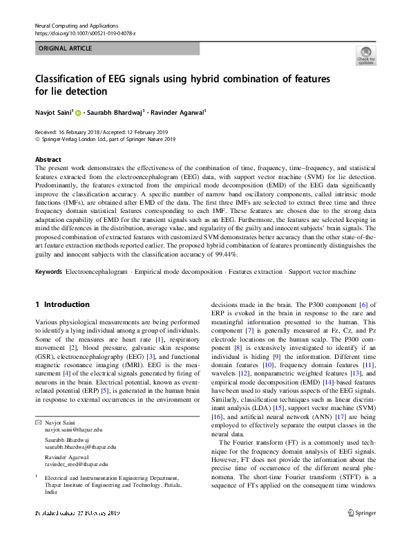 (PDF) Classification of EEG signals using hybrid combination of features for lie detection