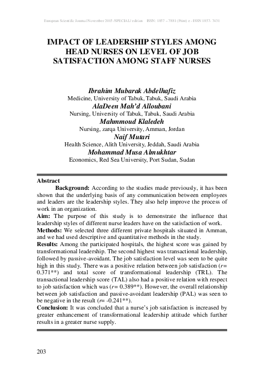 (PDF) Impact of Leadership Styles Among Head Nurses on Level of Job Satisfaction Among Staff Nurses